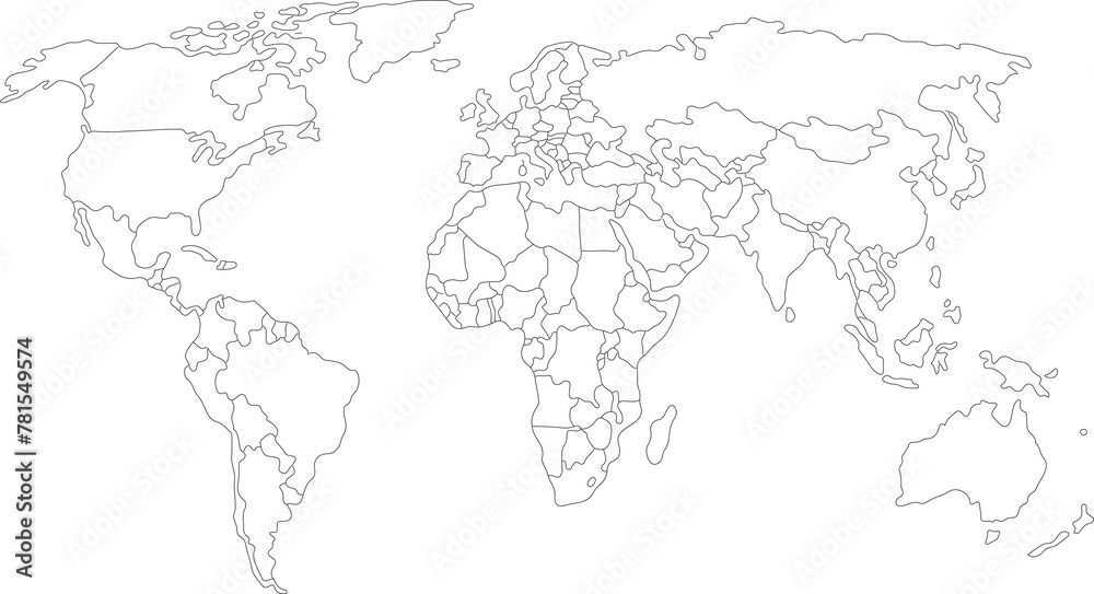 World Map with Country Borders, thin black outline on white background ...