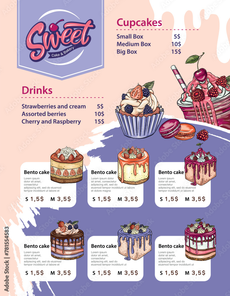 Menu dessert vector cafe design sweet food template chocolate cupcake ...