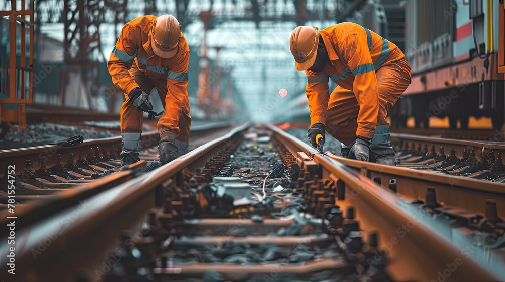 two male railway workers, clad in fluorescent orange workwear, as they ...