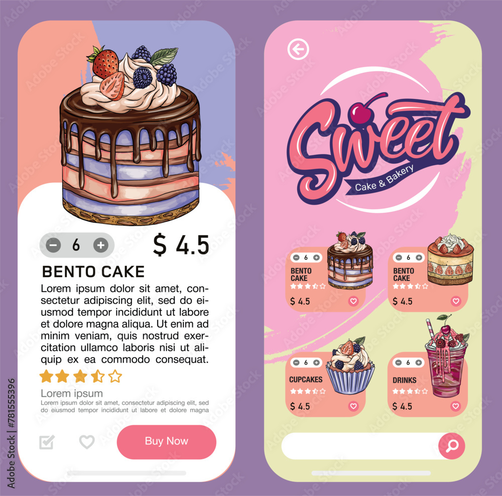 Online mobile application for a cake or bakery shop. Platform screen to ...