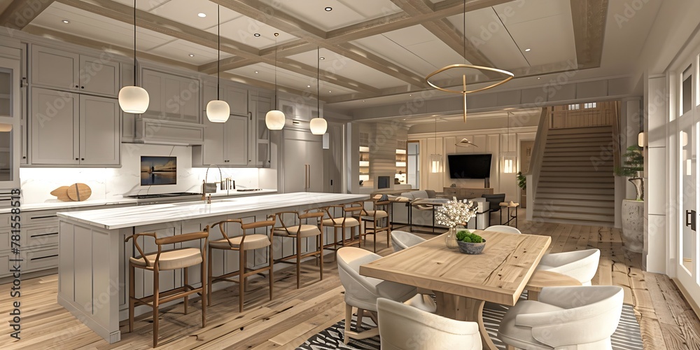 Luxury open kitchen and elegant modern dining area interior design with ...