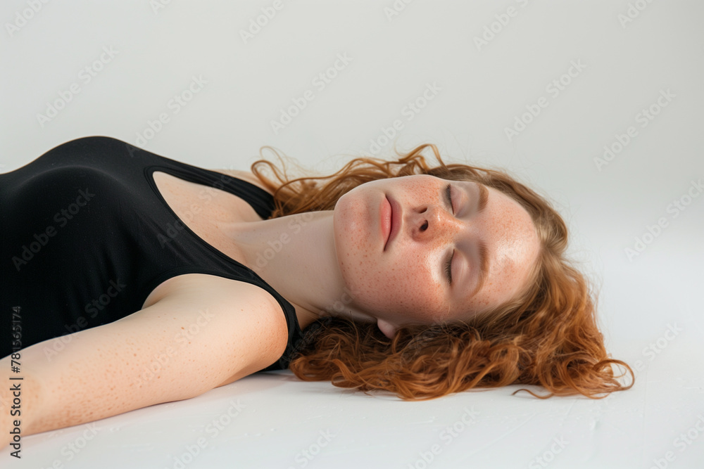 Red haired Woman Sleeping concept. Freckles. Black shirt. Eyes closed ...