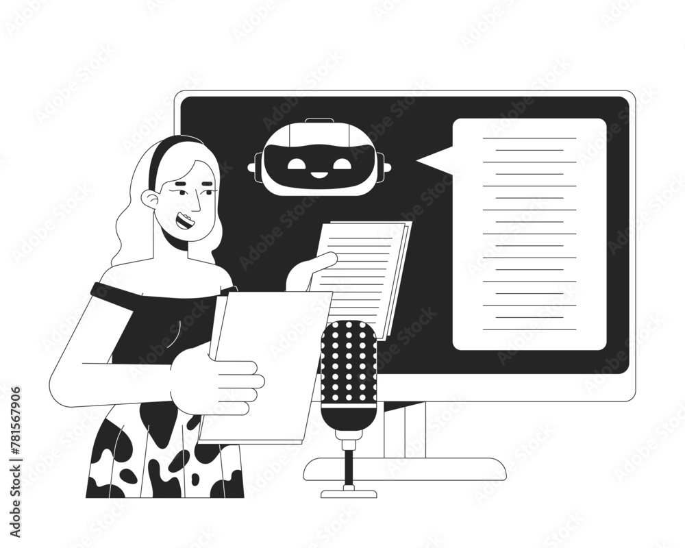 Speech recognition in AI black and white 2D illustration concept ...