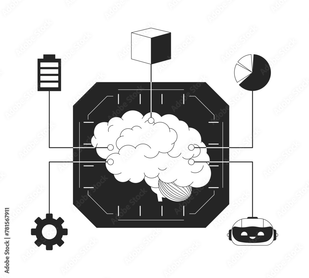 Machine learning brain black and white 2D illustration concept. Data ...