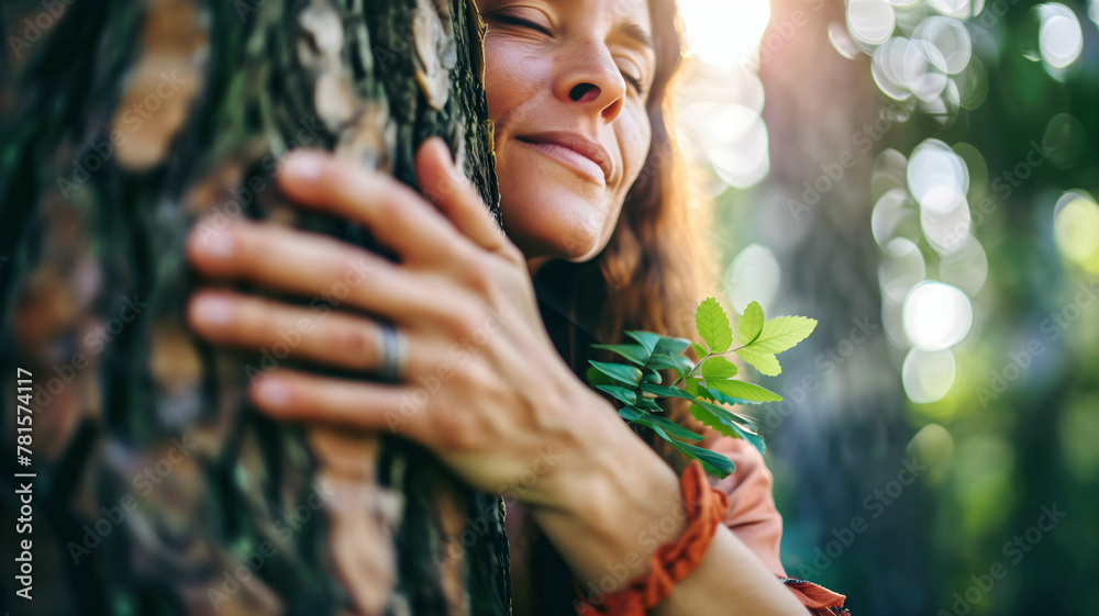 Environmental climate activist, beautiful woman hugging tree in forest ...