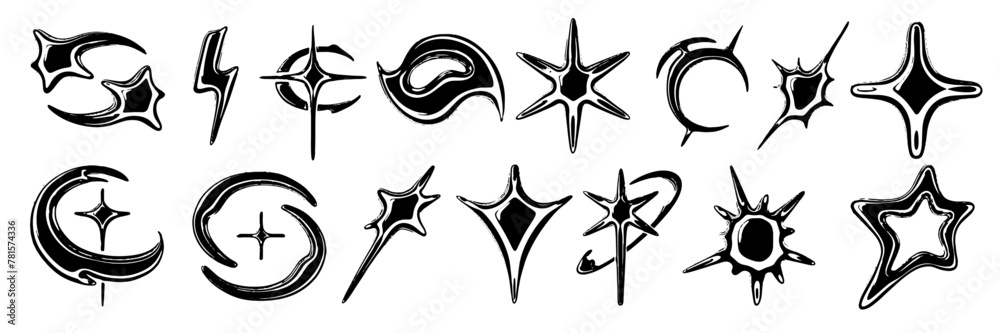 Vetor de Y2k stars icon set, vector metal dark space shapes, retro ...