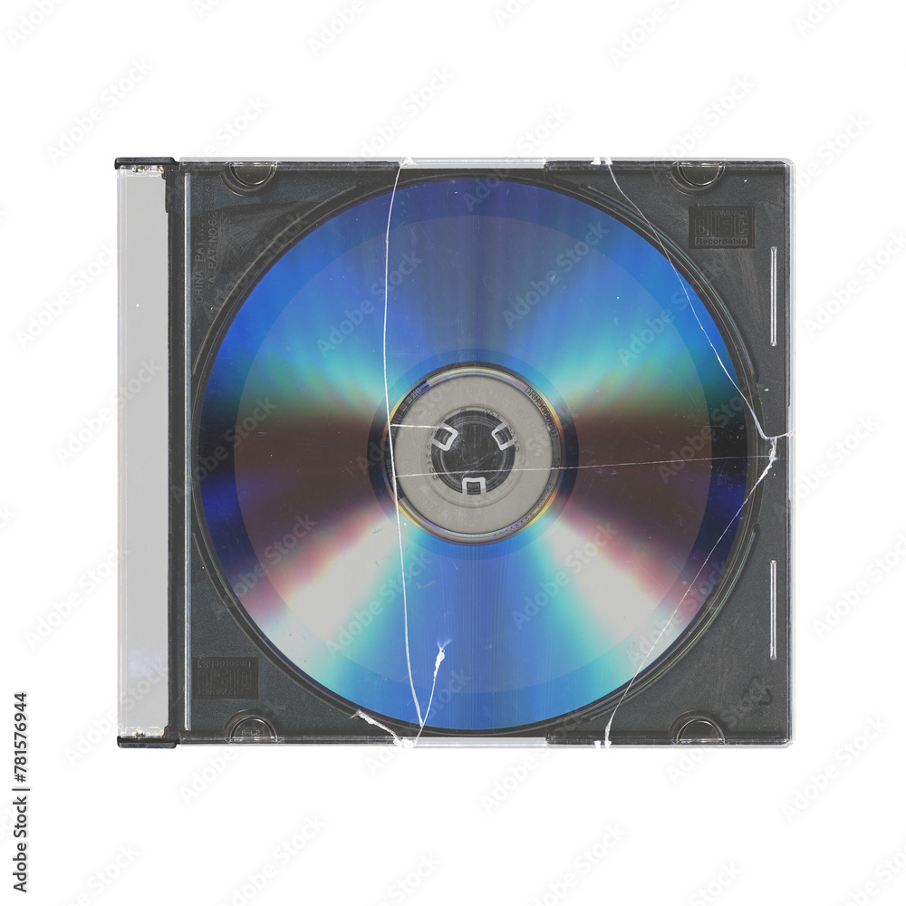 cracked isolated old music CD disc jewel case with compact disk and no ...