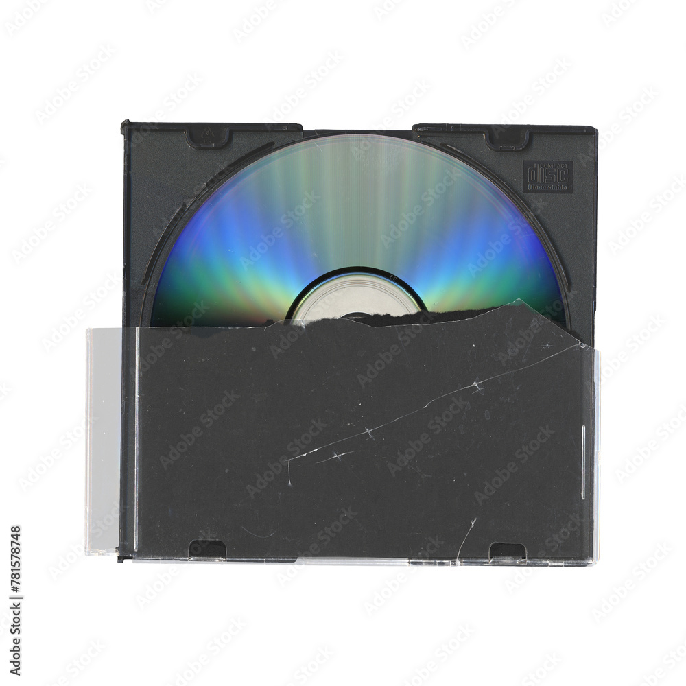 cracked isolated mockup of old music CD disc jewel case with black ...