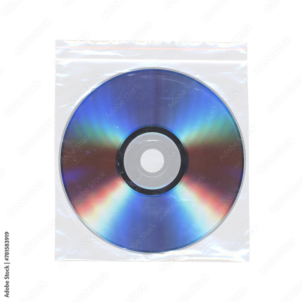 isolated old music CD disc plastic bag with compact disk in transparent ...