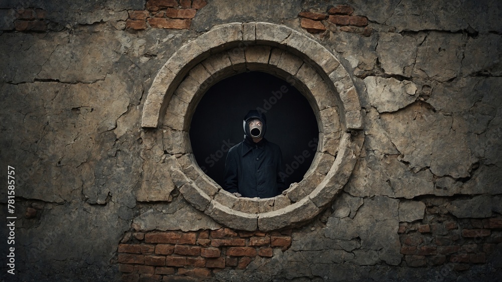 Figure, with face hidden from view, stands within circular aperture in ...