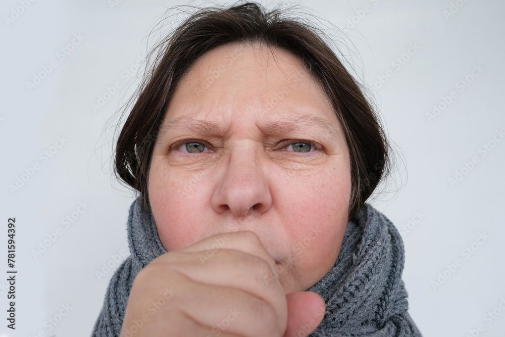 close-up diseased mature woman 55 years face, sick person with inflamed ...