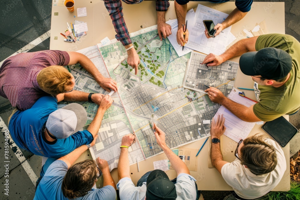 Overhead view of a diverse group sitting around a table, examining a ...