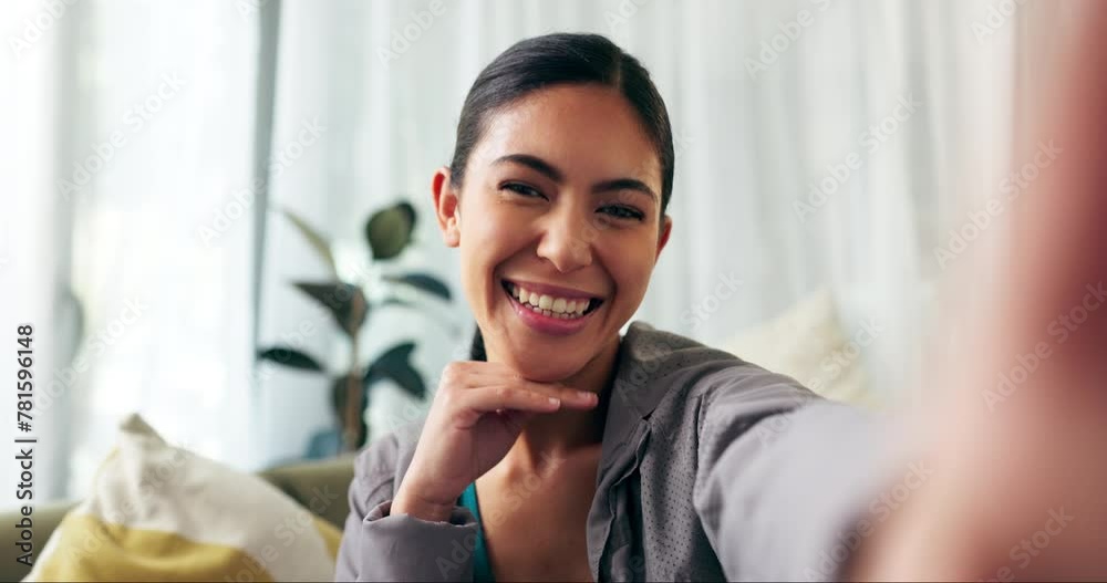 Face, smile and selfie of woman with peace sign in home living room for ...