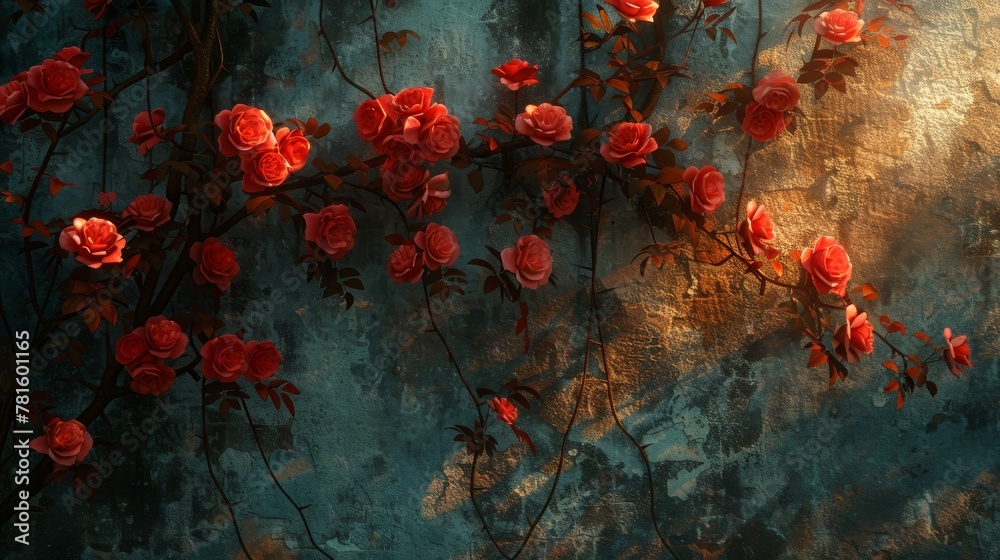An evocative image showcasing wilted red roses intertwined with vines ...