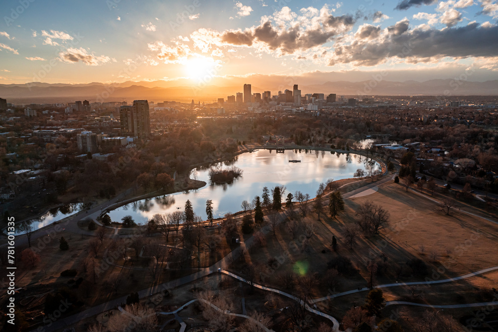 Downtown Denver Skyline and City Park Lake at Sunset Aerial Photo HDR ...