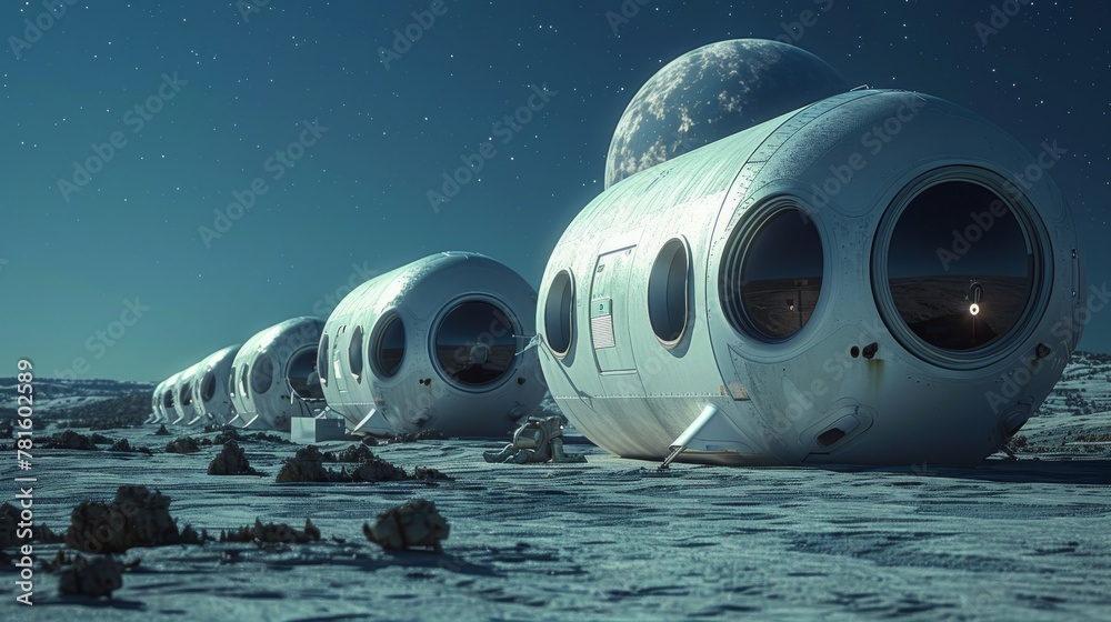 Image depicting a series of futuristic moon base habitats aligned on a ...