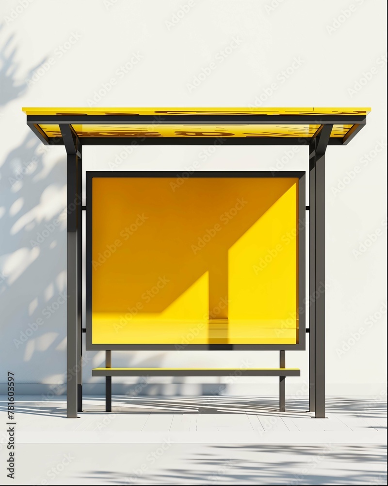 A simple bus stop with a yellow metal structure and white background in ...