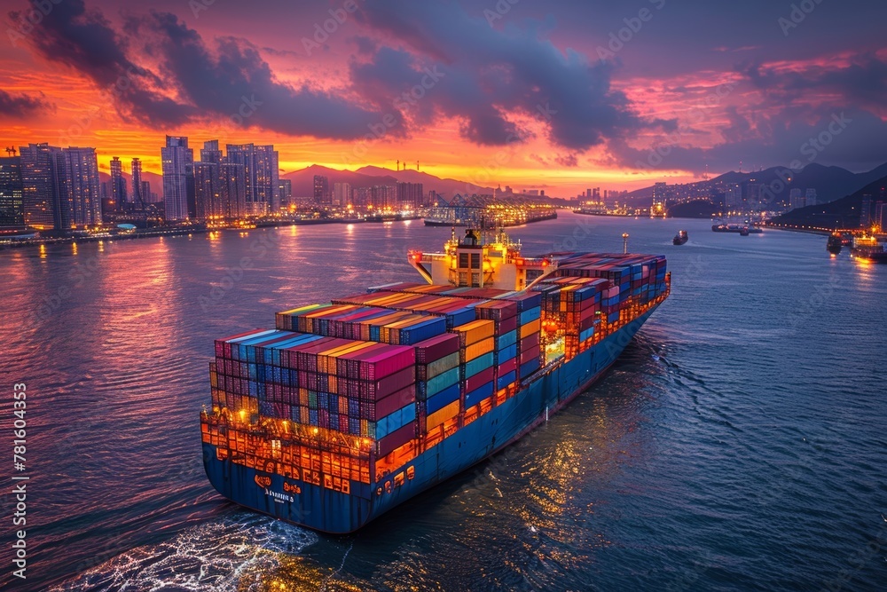 Container ship departing from the bay, heading towards the open sea ...