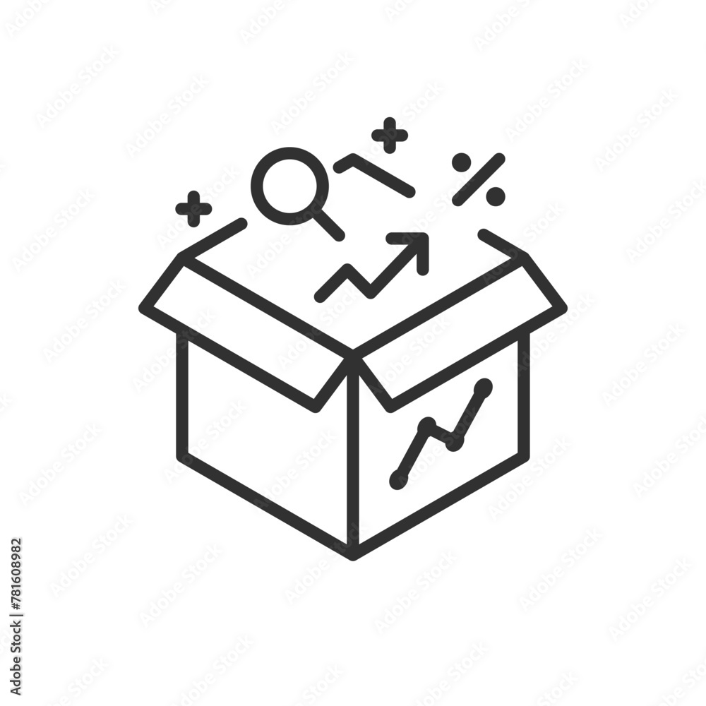 Data analytics kit, linear icon, box with charts and graphs. Line with ...