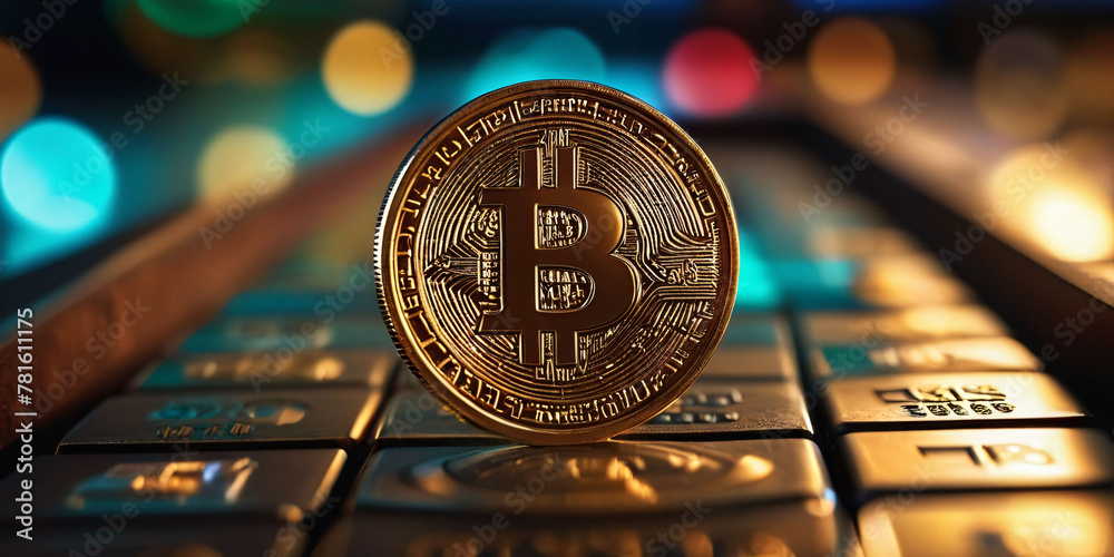 Bitcoin Symbol on a Computer Keyboard. A close-up photo of a black ...