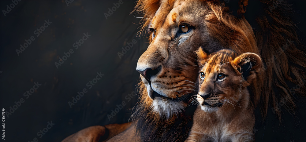 Portrait of a male lion and young baby cub on dark background, showing ...