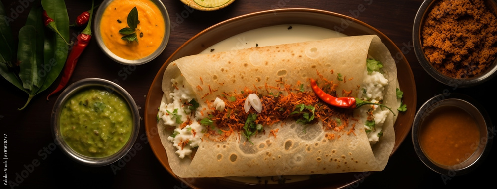 wide top view background photo, delicious masala dosa and curries on a ...