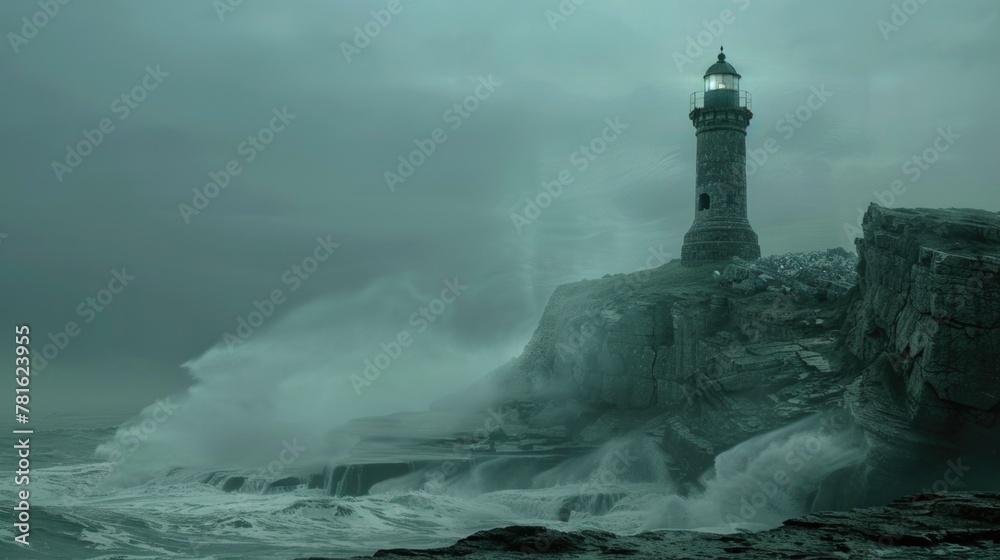 Old lighthouse on the edge of a low cliff by the cold sea with big ...