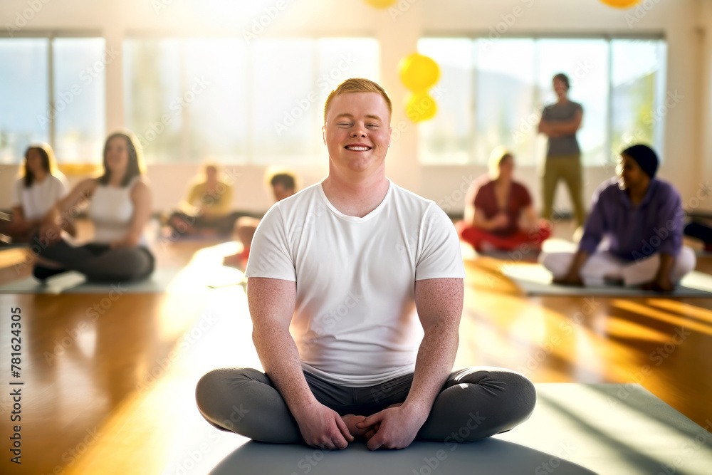 Smiling man with down syndrome in the lotus pose at group yoga class ...
