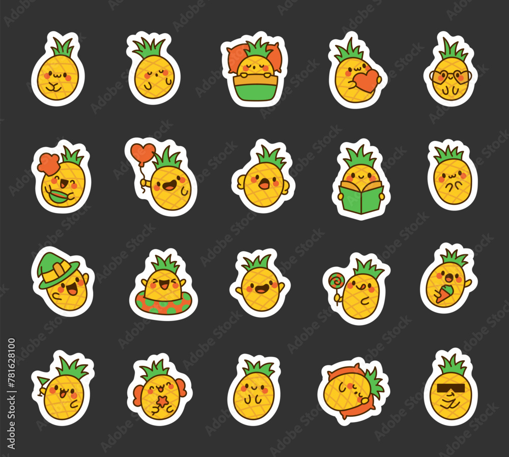 Cute kawaii pineapple fruit. Sticker Bookmark. Adorable cartoon food ...