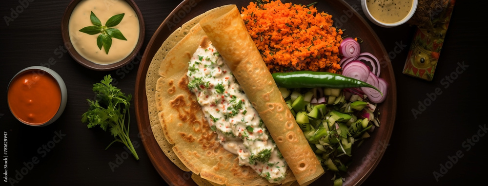 wide top view background photo, delicious masala dosa and curries on a ...