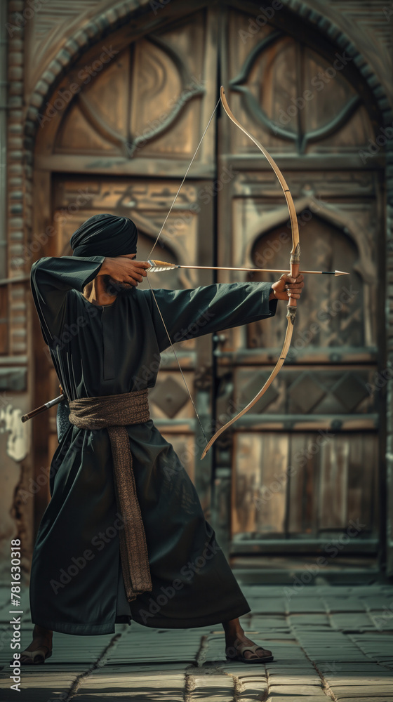 Full length portrait of medieval muslim archer wearing traditional ...