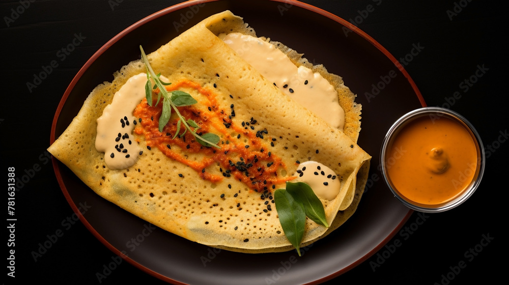wide top view background photo, delicious masala dosa and curries on a ...