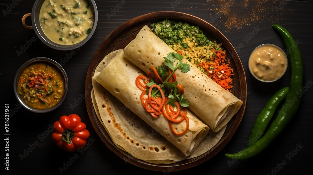 wide top view background photo, delicious masala dosa and curries on a ...