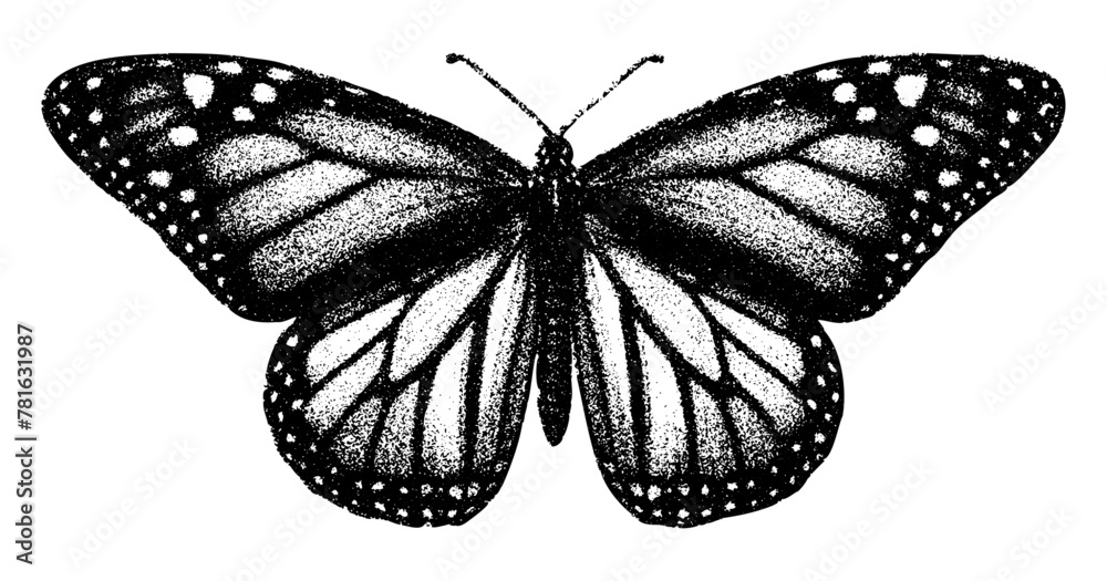 monarch butterfly isolated retro photocopy effect grunge stipple grain ...