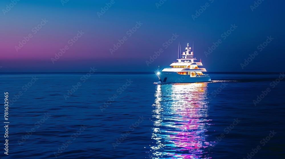 Picture of a big white boat at night on the ocean. Lights from the boat ...