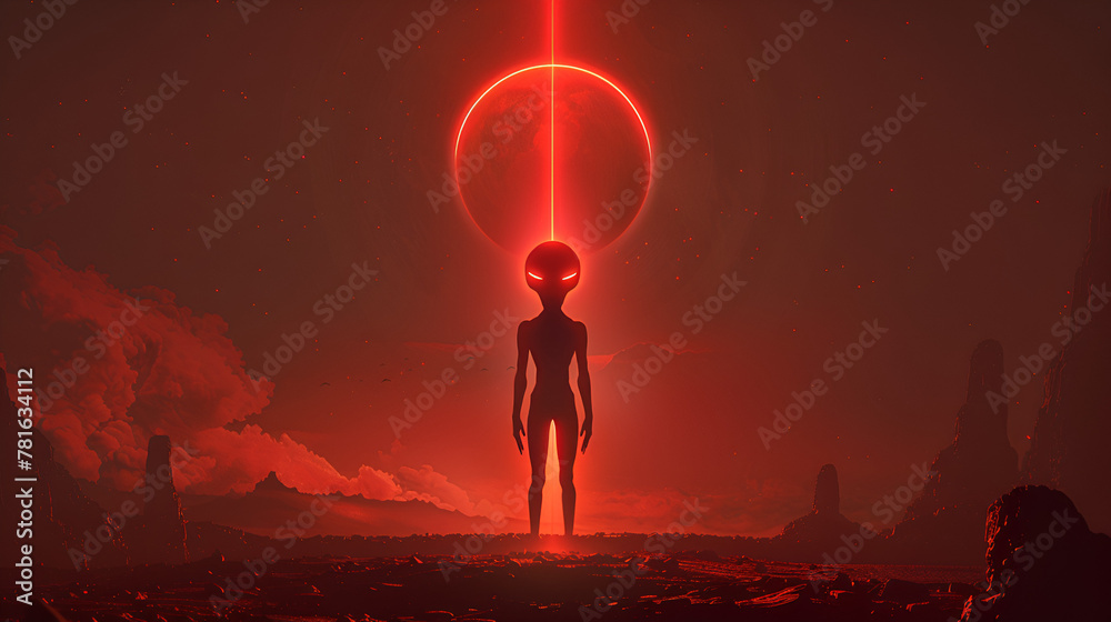alien coming out of poster in surreal red space, scifi background ...