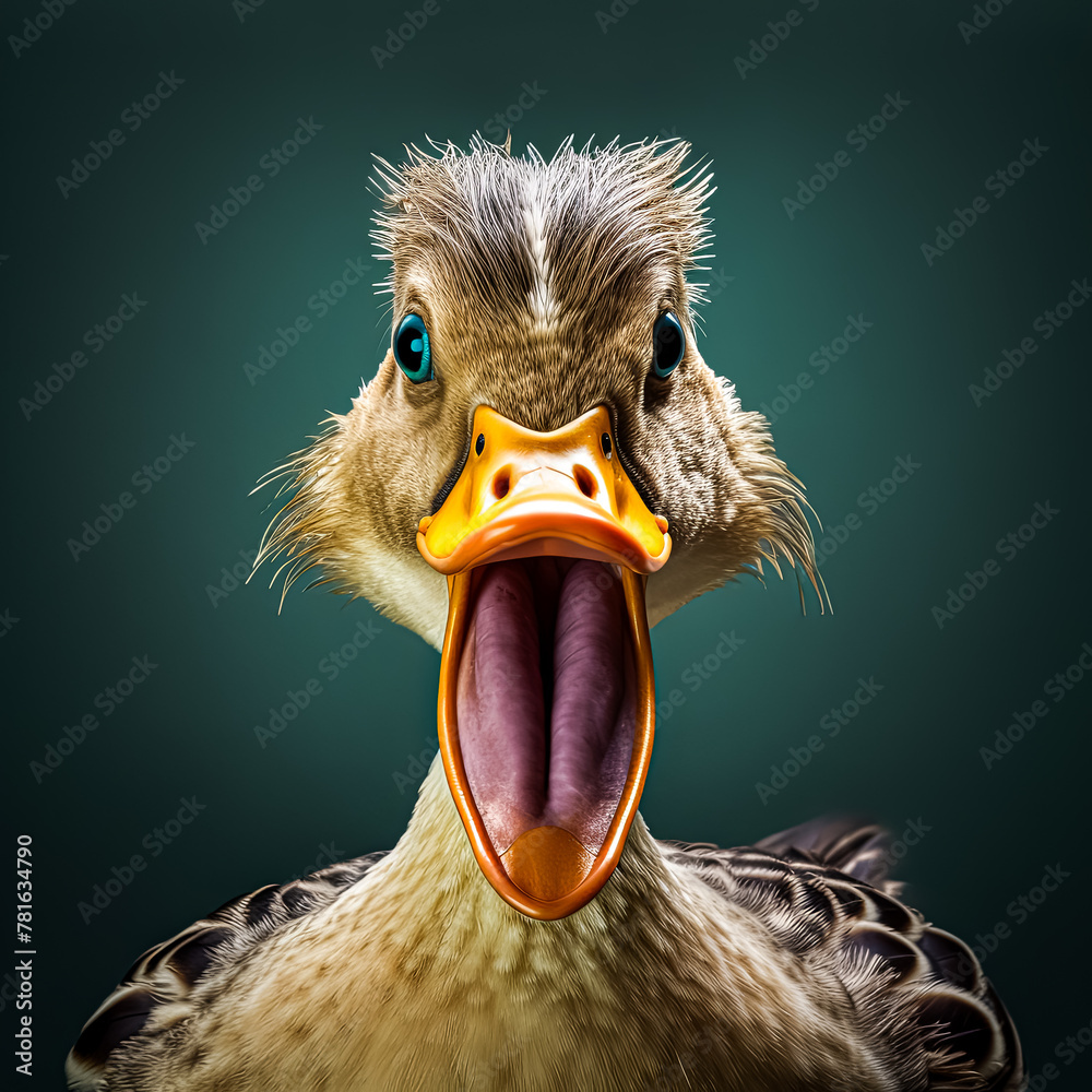 A duck with a big mouth is staring at the camera. The duck's mouth is ...