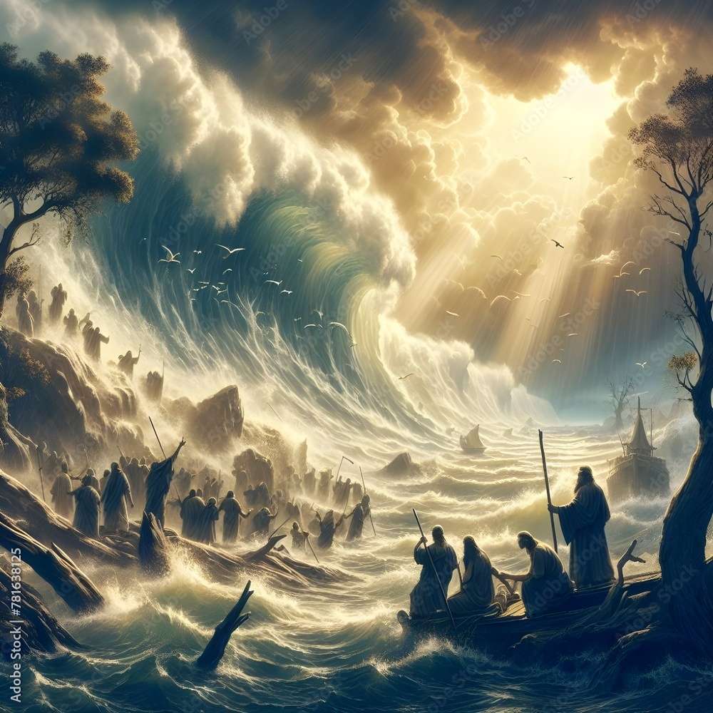 Deluge, great flood. A huge wave hits the shore. Illustration. Biblical ...