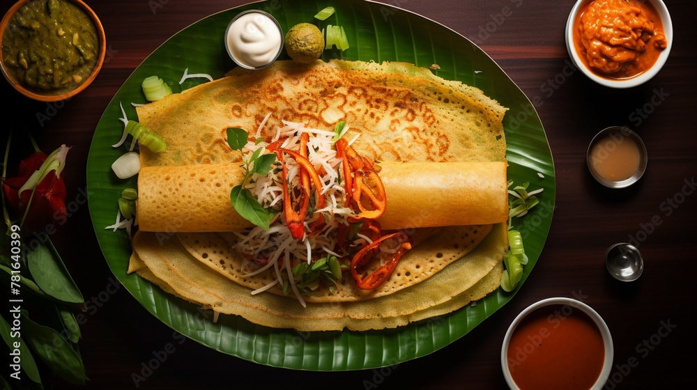 wide top view background photo, delicious masala dosa and curries on a ...