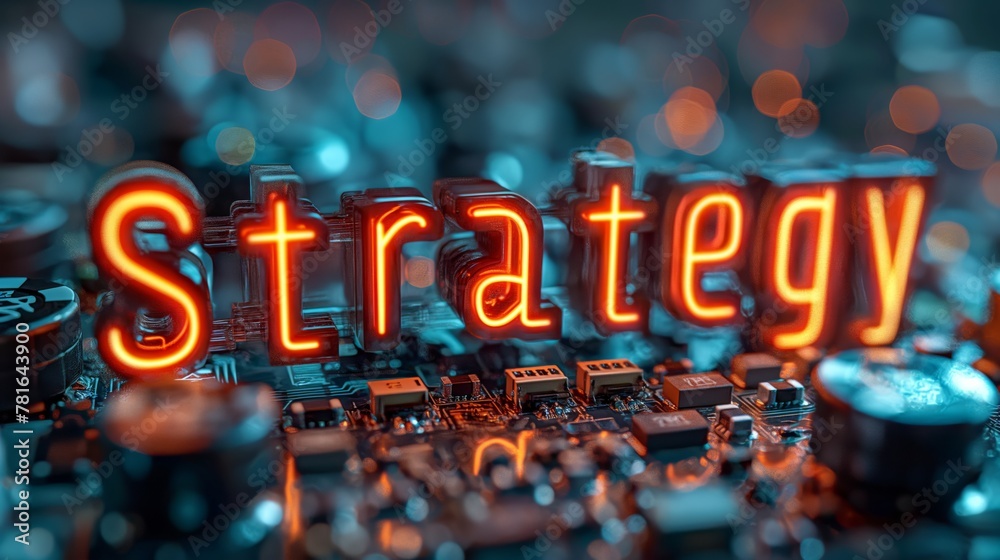 Strategy text in led light. "Strategy" text in glowing orange led ...