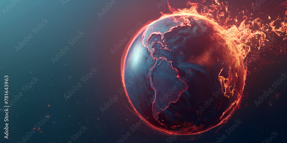 Planet Earth globe burning, destroyed by fire, conceptual illustration ...