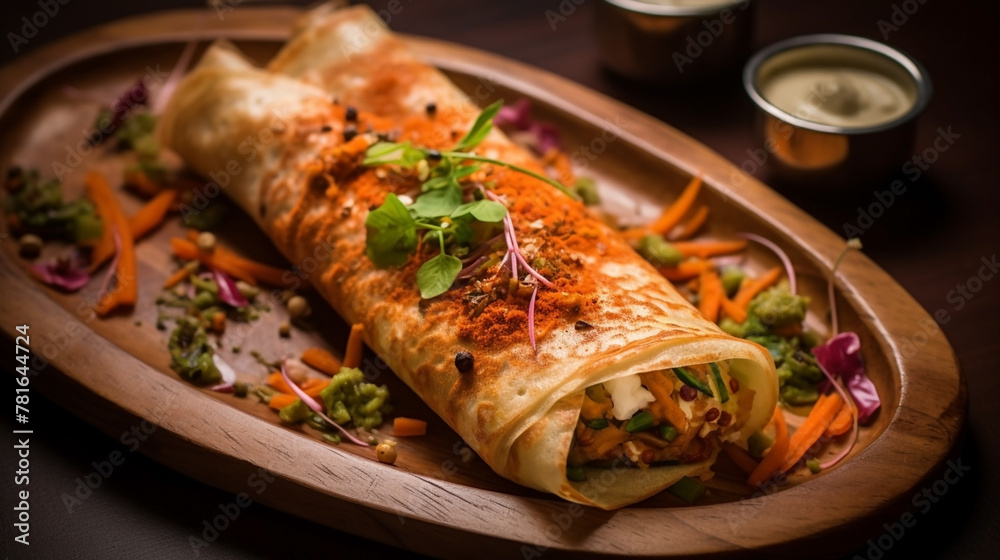 wide top view background photo, delicious masala dosa and curries on a ...