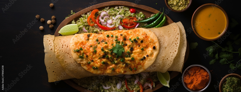 wide top view background photo, delicious masala dosa and curries on a ...