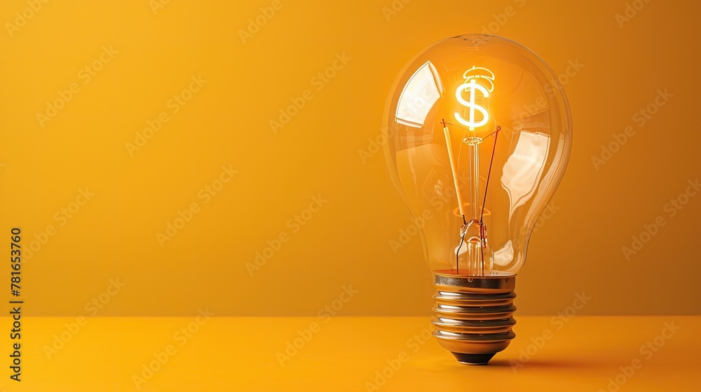 Glowing light bulb with dollar sign filament on yellow background, soft ...