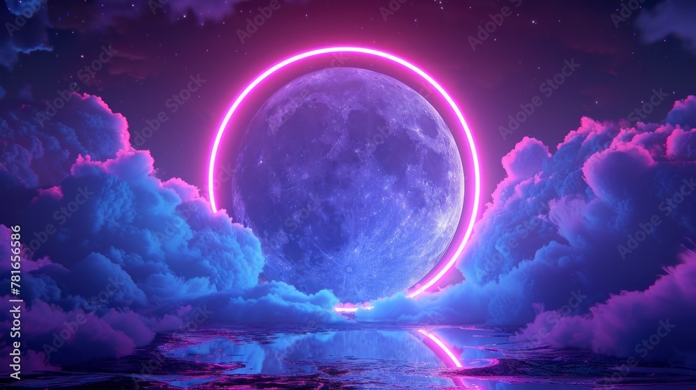 full moon inside a neon circle with clouds and starry sky background in ...