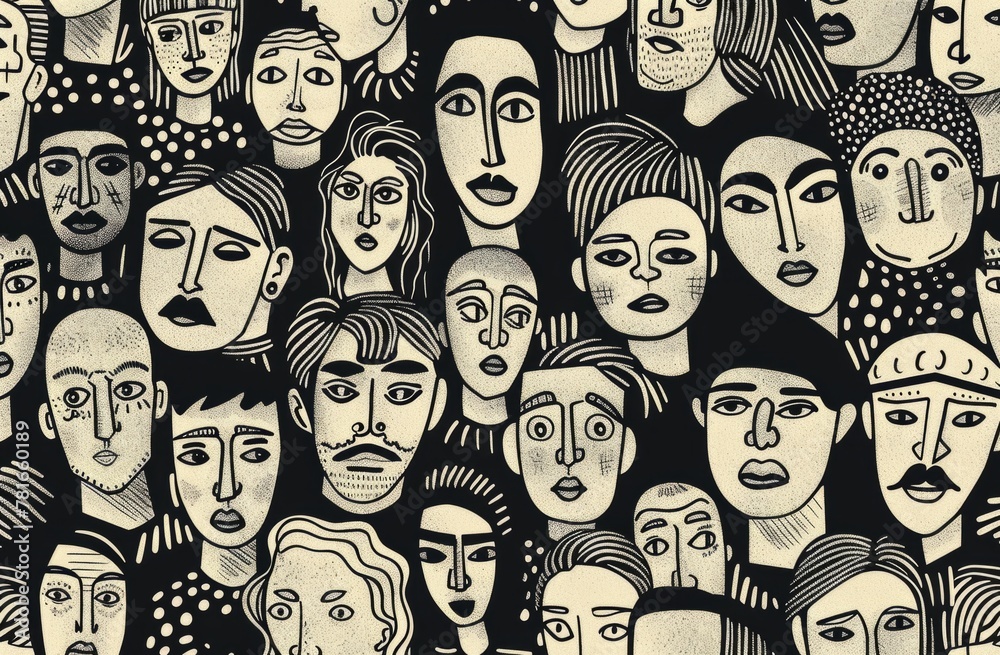 Doodle drawing of a crowd, faces and people in a patterned background A ...