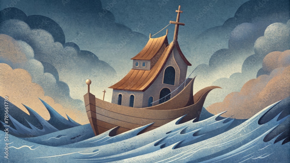 A rickety boat in the middle of a stormy sea its sails tattered and its ...