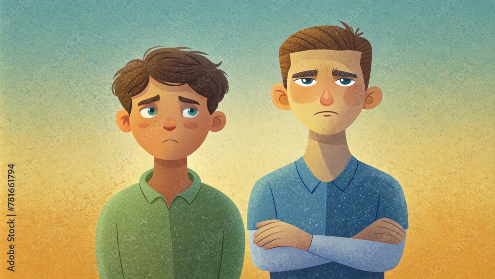 Two brothers standing side by side one with a haughty and resentful ...