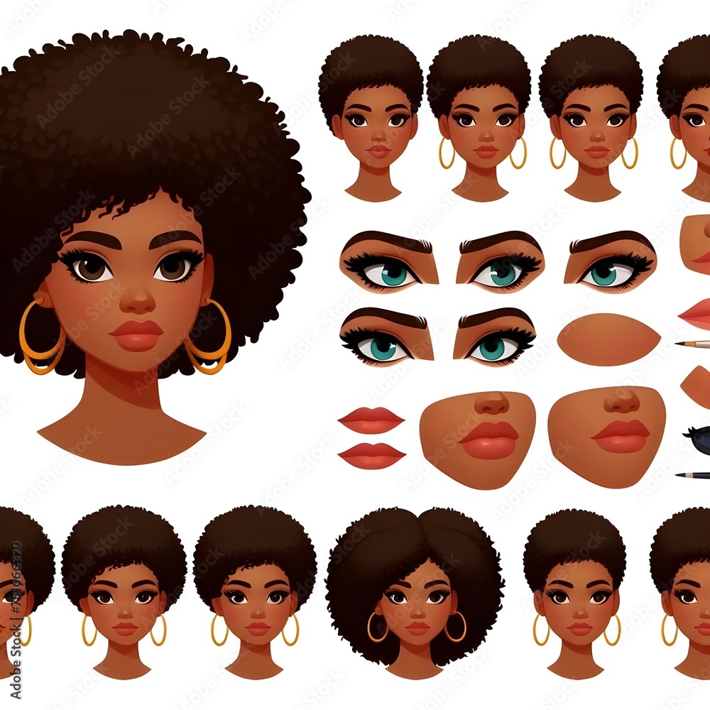 African woman face avatar construction cartoon set. Young female ...
