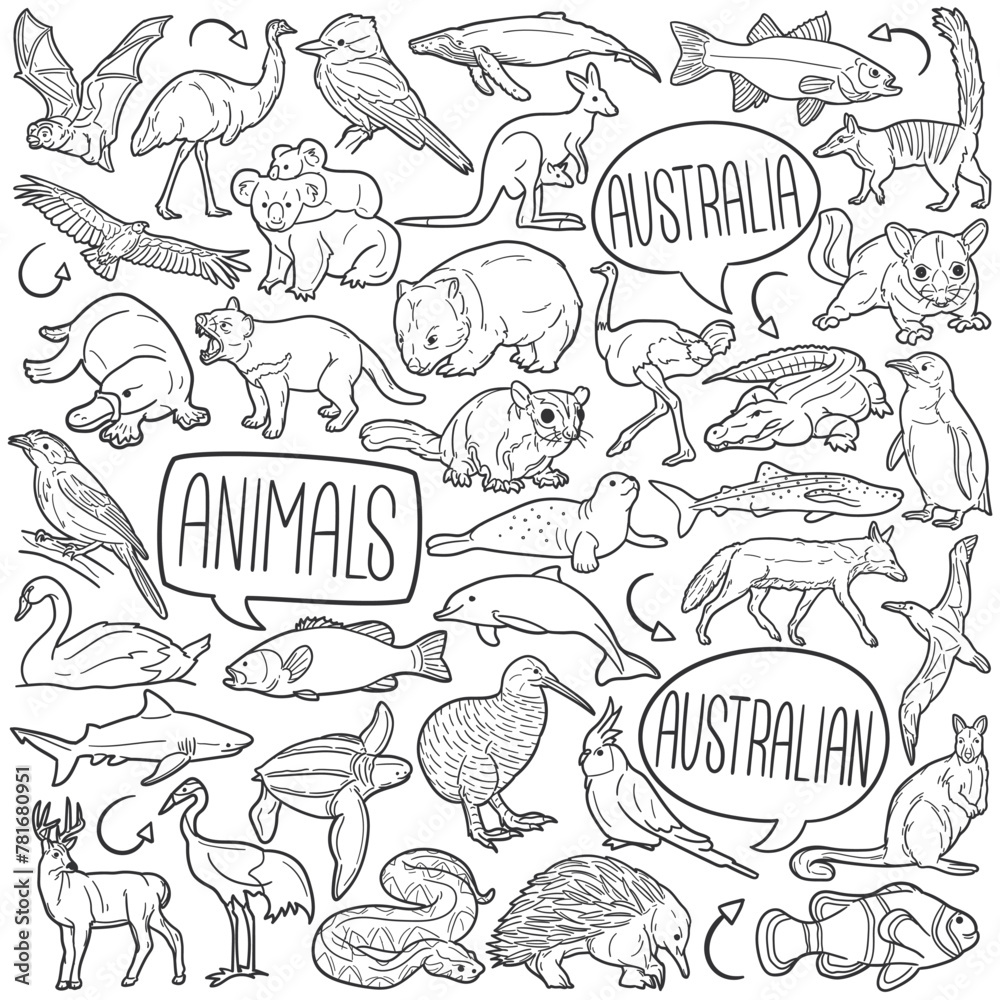 Australian Animals Doodle Icons Black and White Line Art. Australian ...
